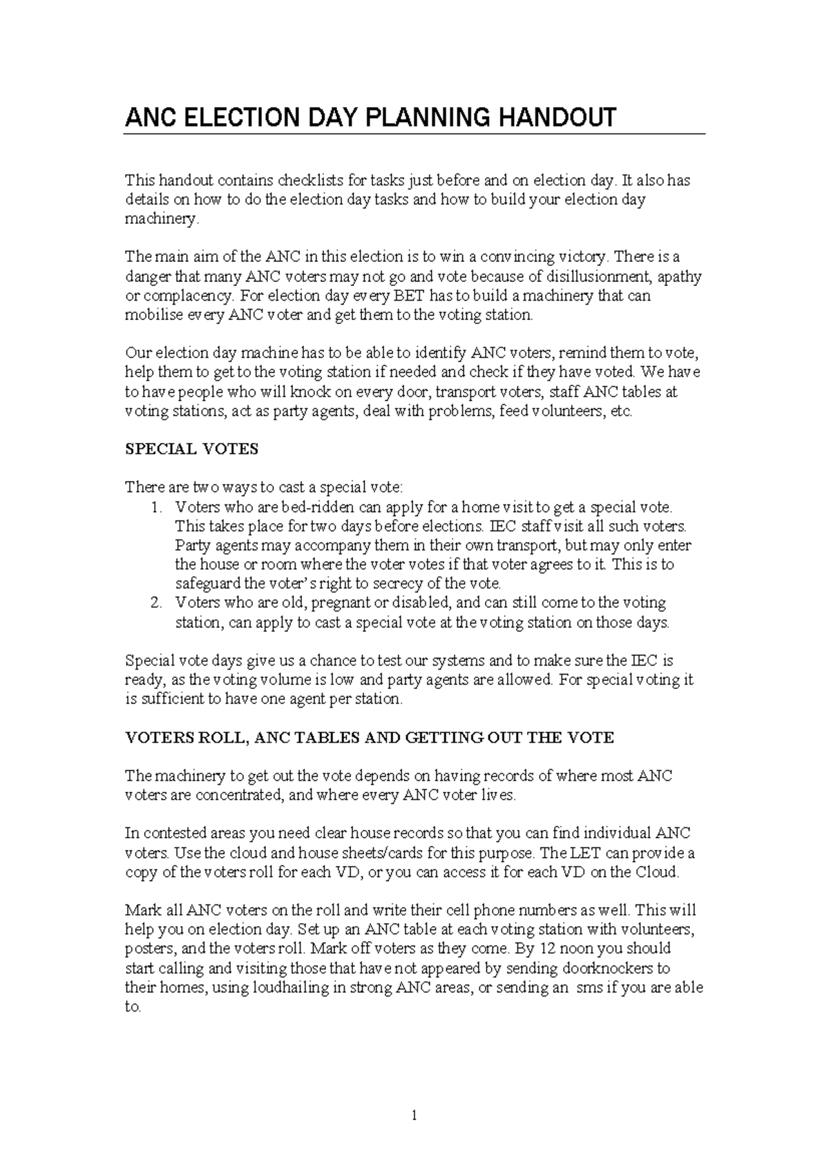 Election Day Handout 2021 - ANC ELECTION DAY PLANNING HANDOUT This ...