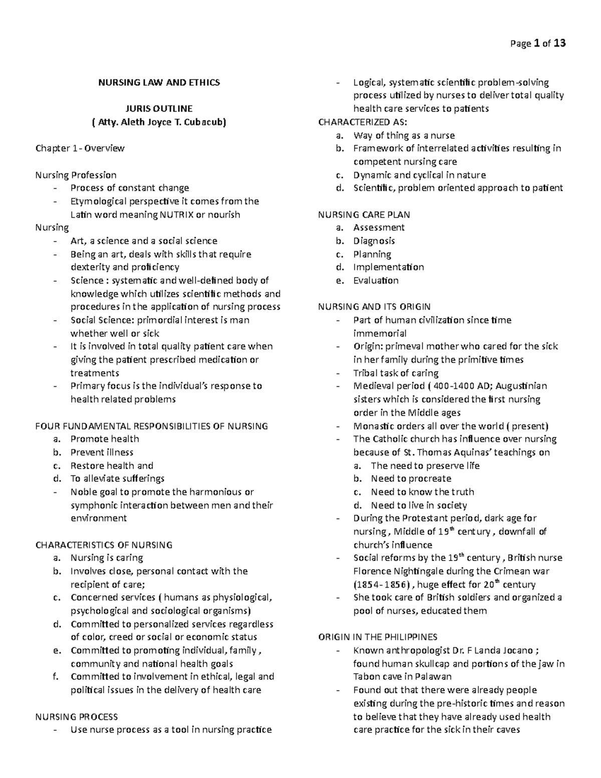 Nursing Law and Ethics - NURSING LAW AND ETHICS JURIS OUTLINE ( Atty ...