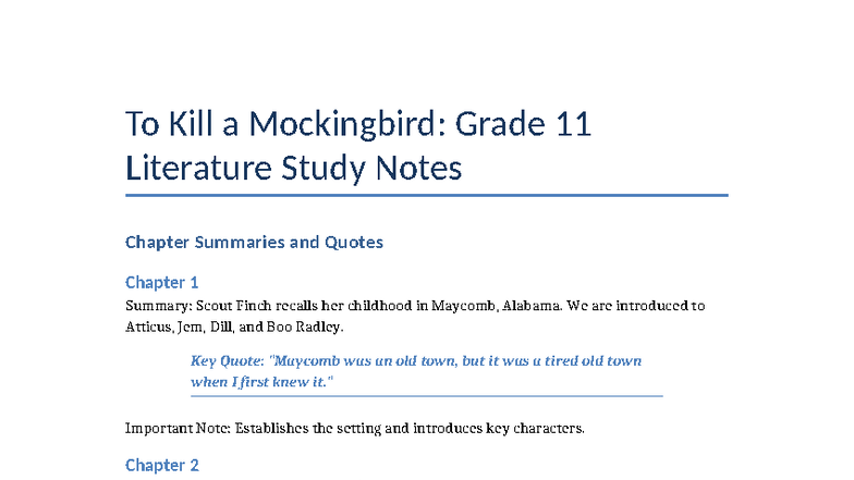 To Kill a Mockingbird Grade 11 Study Notes - To Kill a Mockingbird ...