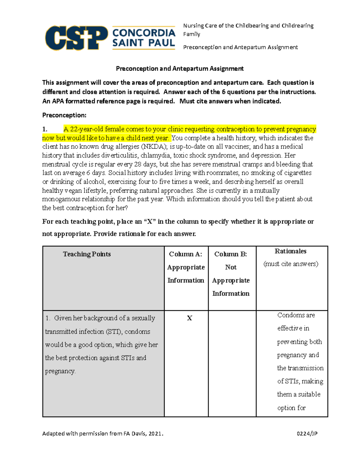 Preconception and Antepartum Care Assignment (NURS 305) - Studocu