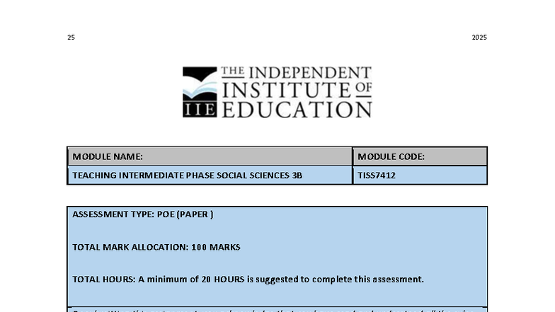 TISS7412 POE: Teaching Intermediate Phase Social Sciences 3B Assessment ...