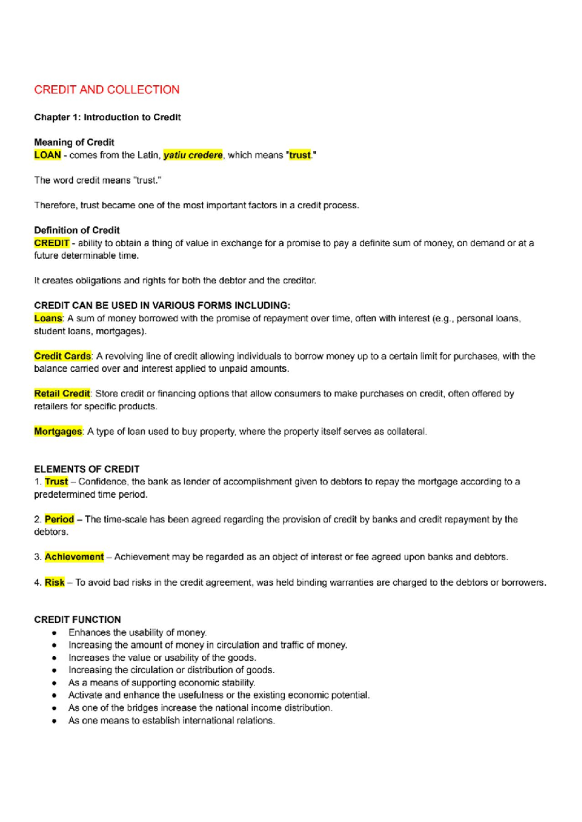 CREDIT AND COLLECTION - Chapter 1 Overview for Prelims - Studocu