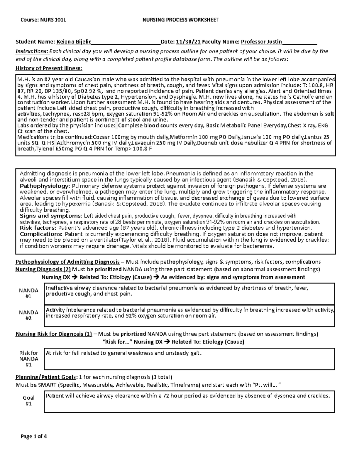 N101L Nursing Process Worksheet 1 - Student Name: Keiana Bijelic ...