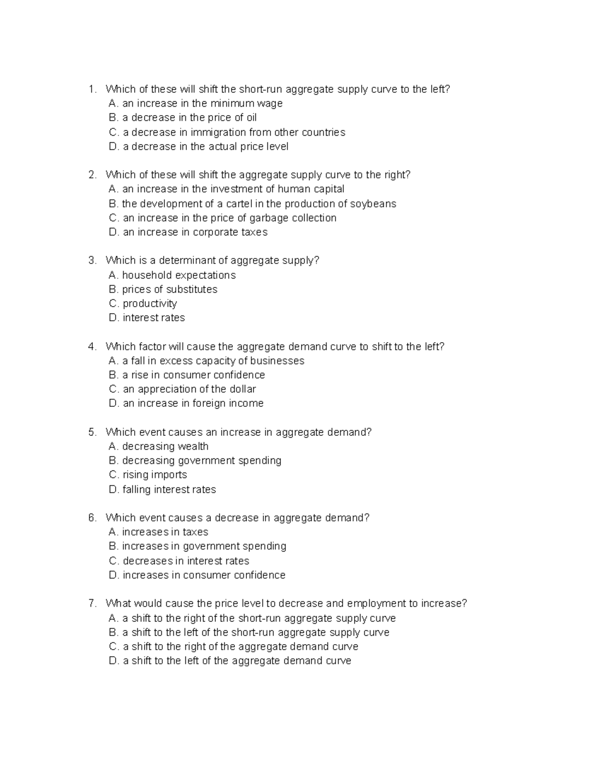 ECON 103: Aggregate Demand and Supply Concepts Quiz Answers - Studocu