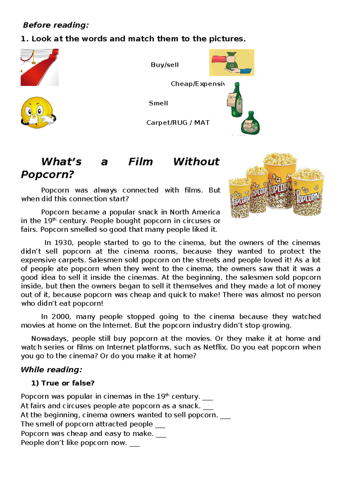 Reading Comprehension: Past Simple Exercises and Popcorn History - Studocu