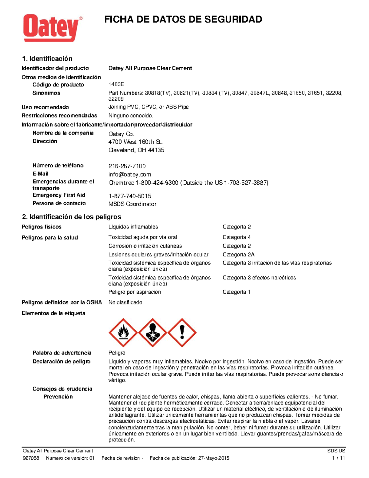Msds Oatey - Ficha de Datos de Seguridad Productos Químicos - Studocu