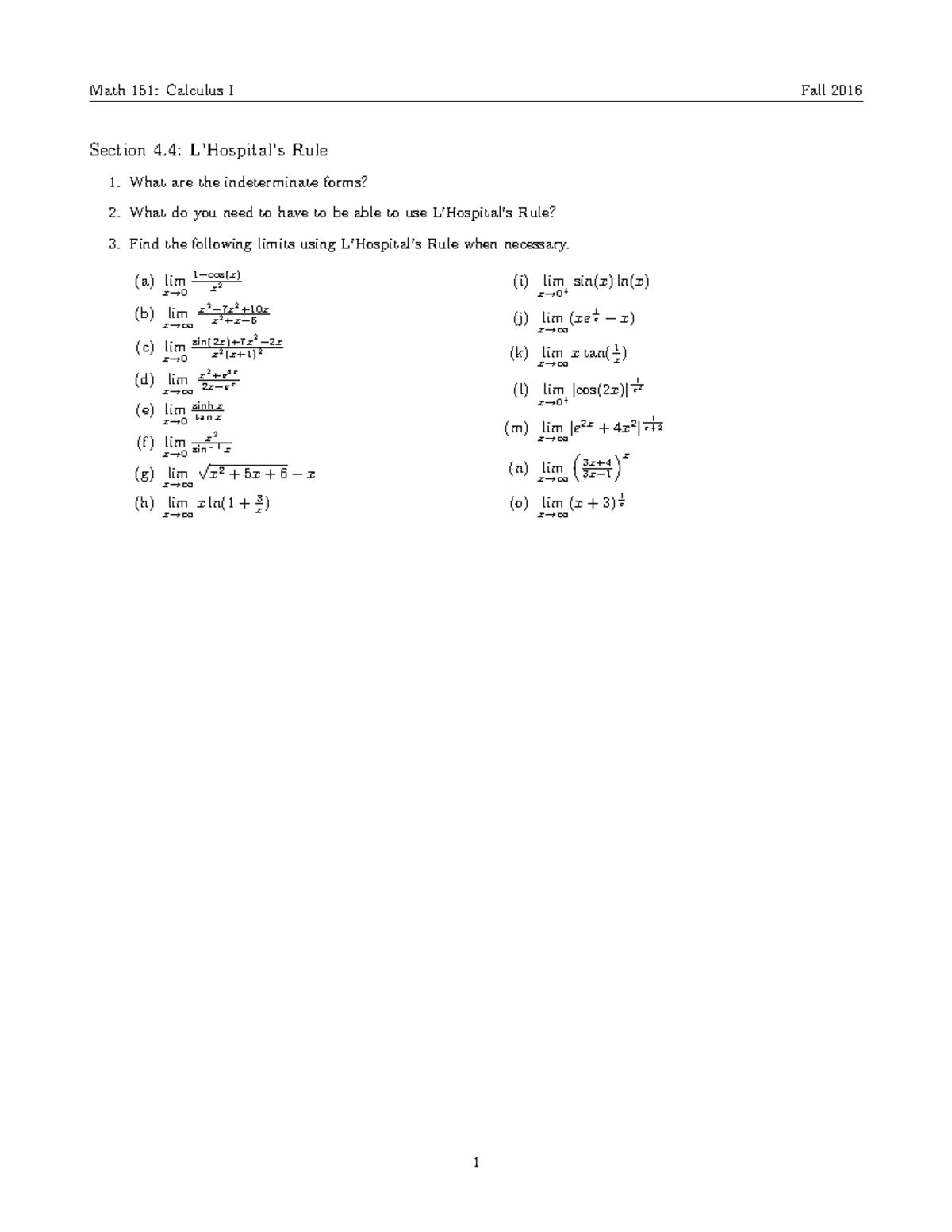 Math 151: Calculus I Fall 2016 - Worksheet 9 Practice Problems - Studocu