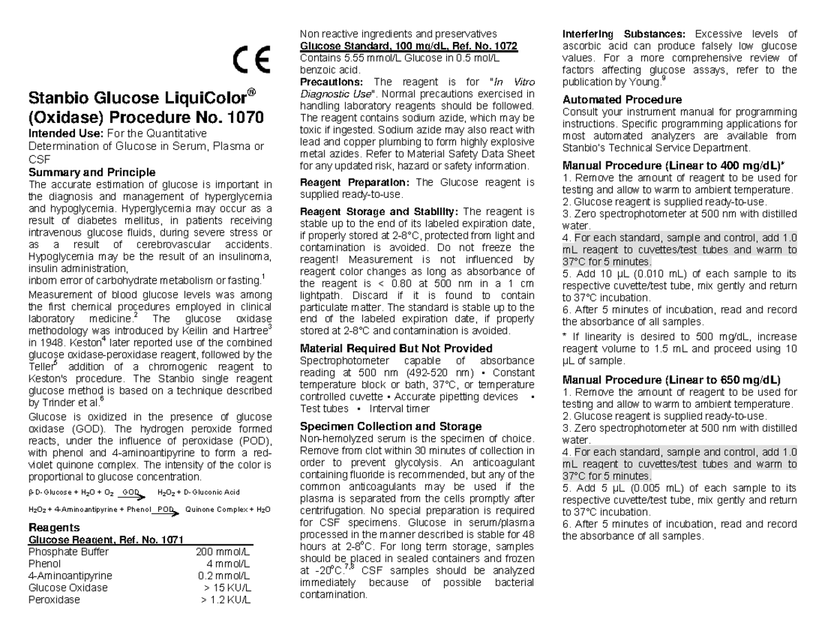 Stanbio Glucose LiquiColor (Oxidase) Method: Procedure No. 1070 - Studocu