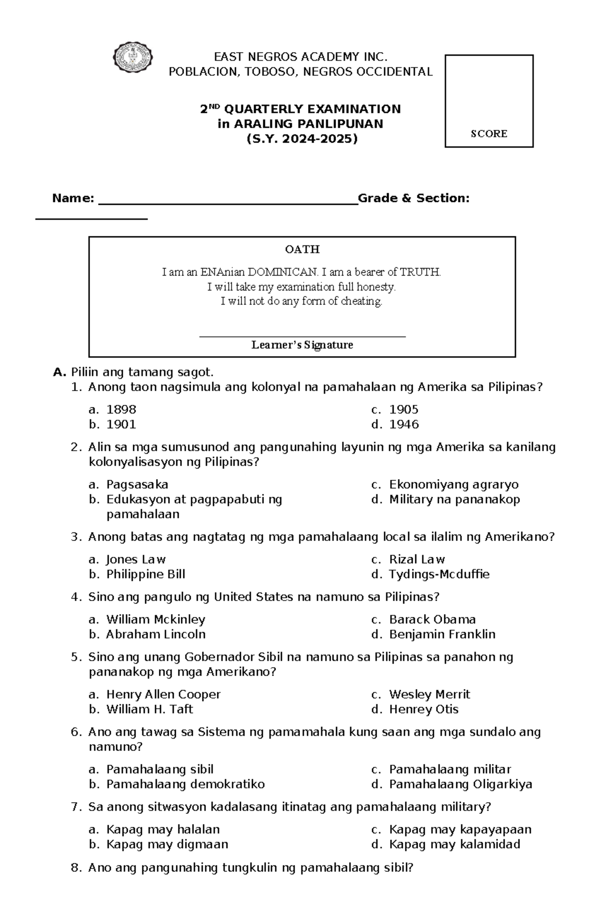 Grade 6 - AP - Araling Panlipunan 2nd Quarter Exam - Studocu