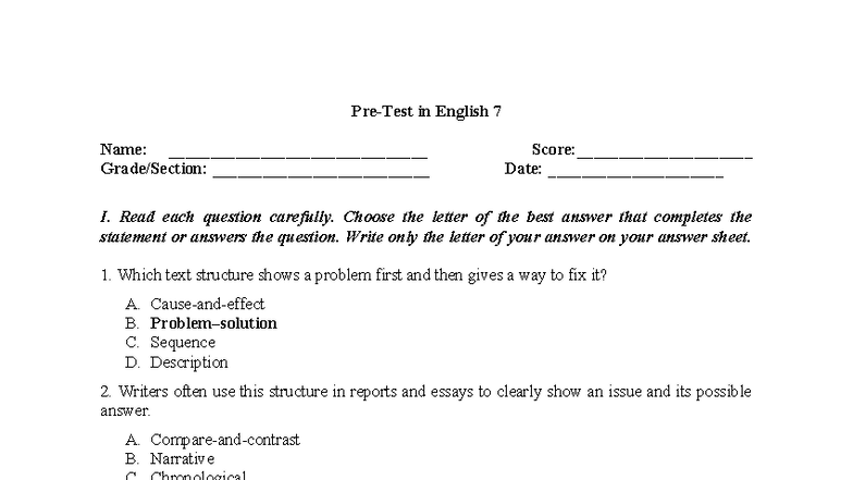 Pretest - English 7 Transition Markers and Problem-Solution Structure ...