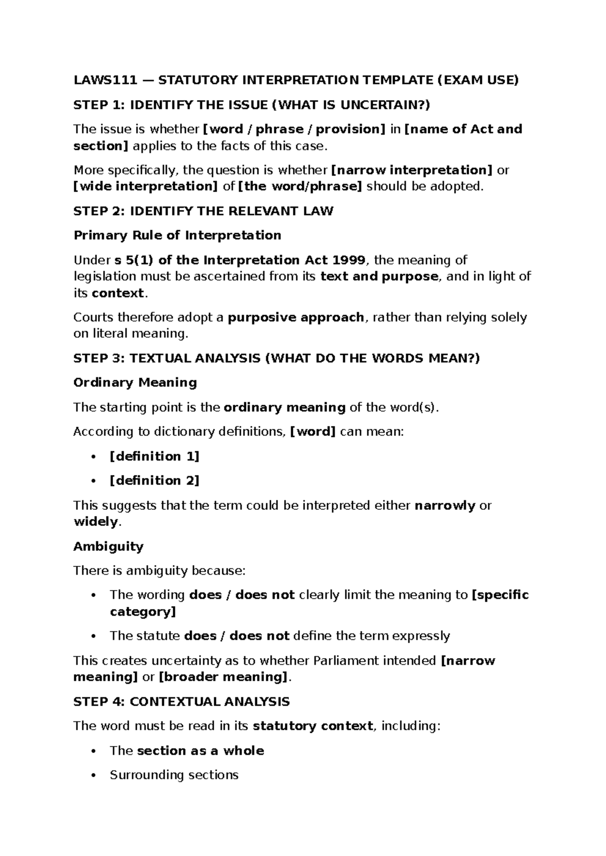 LAWS111 - Statutory Interpretation Exam Template and Cheat Sheet - Studocu