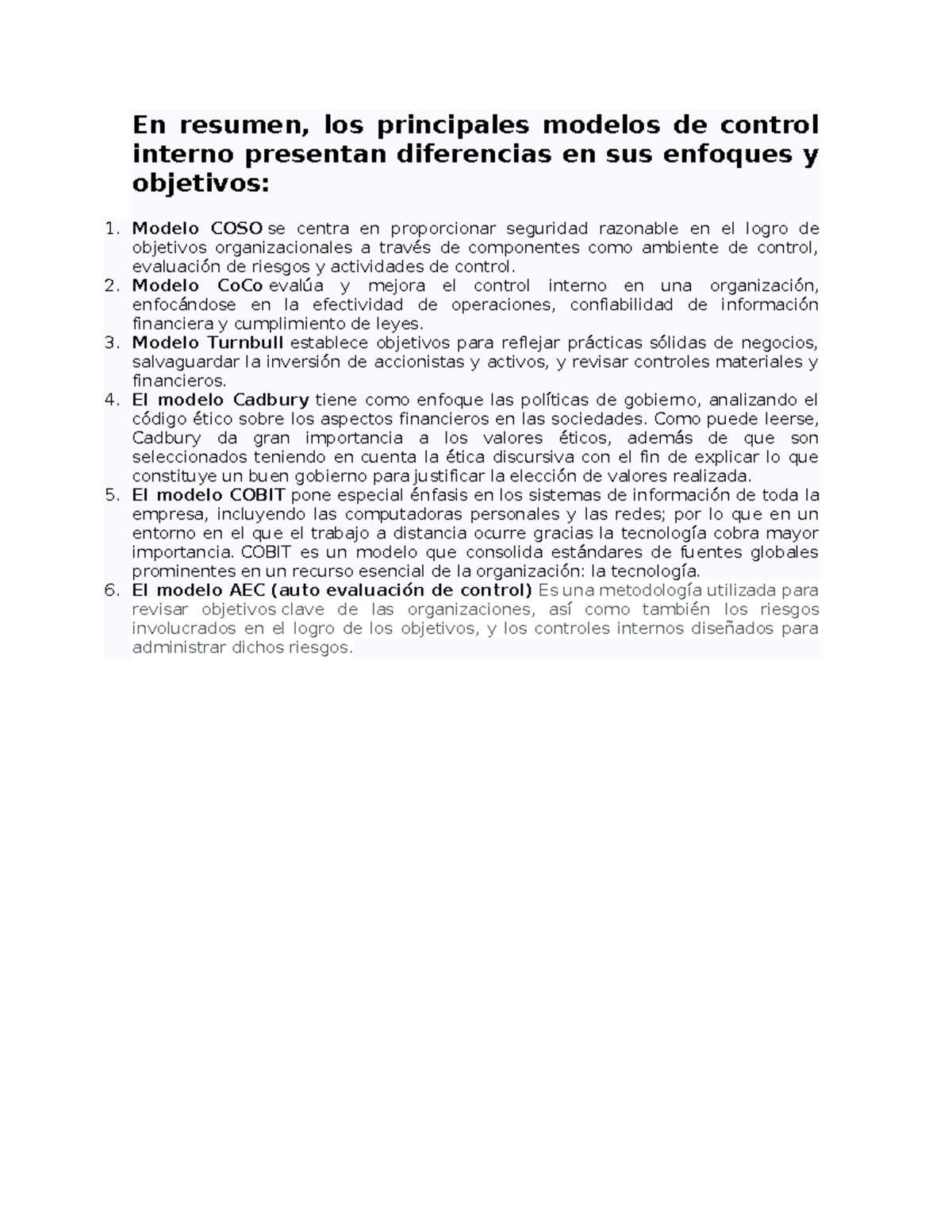 Modelos de Control Interno: Resumen de Principales Enfoques - Studocu