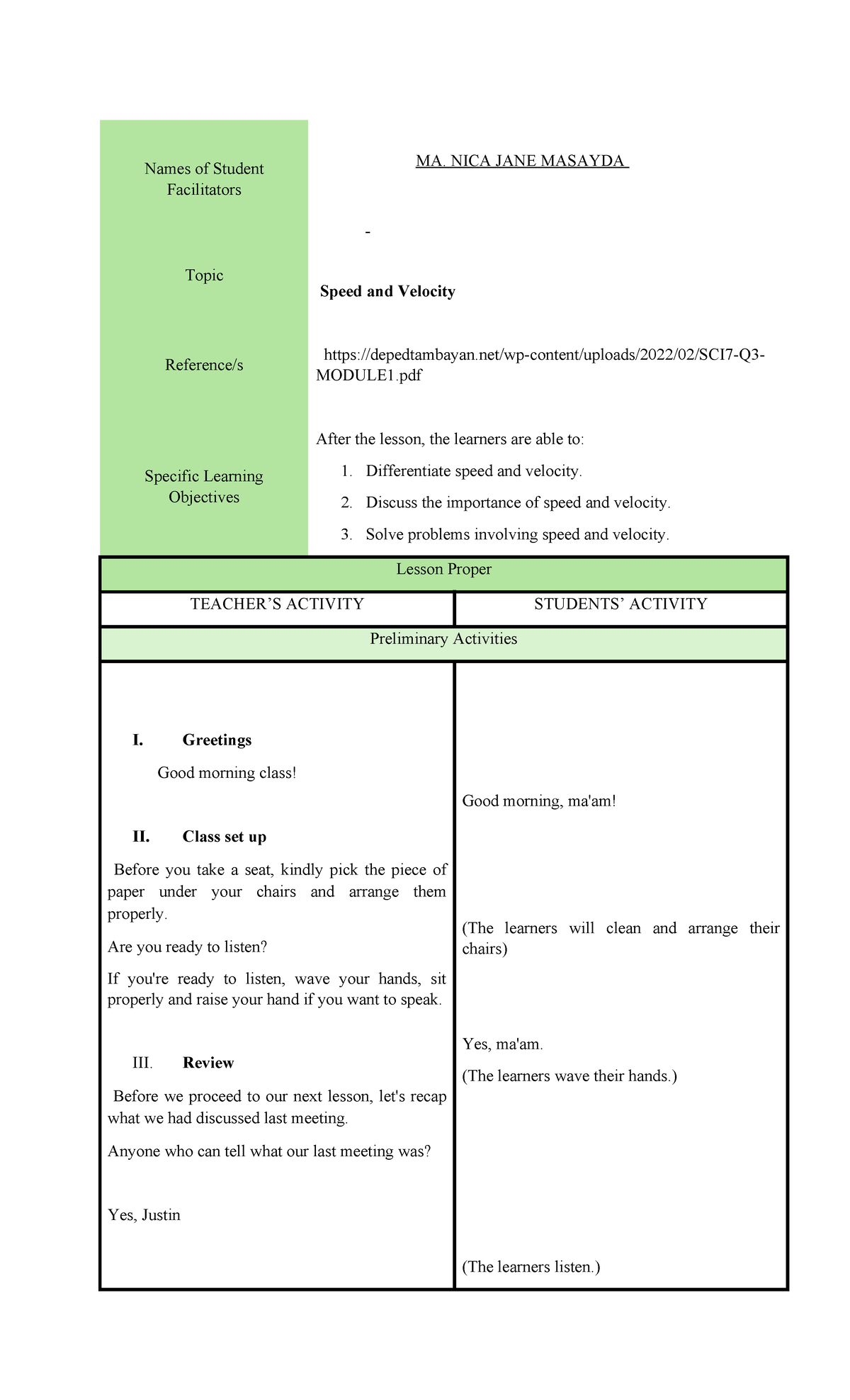 MA. NICA JANE MASAYDA Lesson on Speed and Velocity: Concepts ...