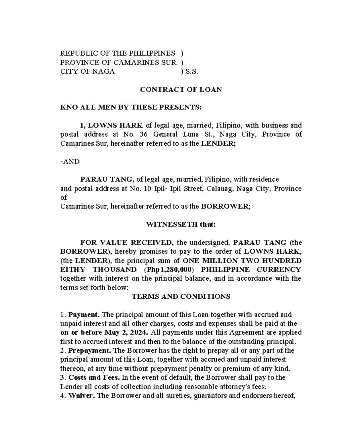 Loan Agreement - REPUBLIC OF THE PHILIPPINES ) PROVINCE OF CAMARINES ...