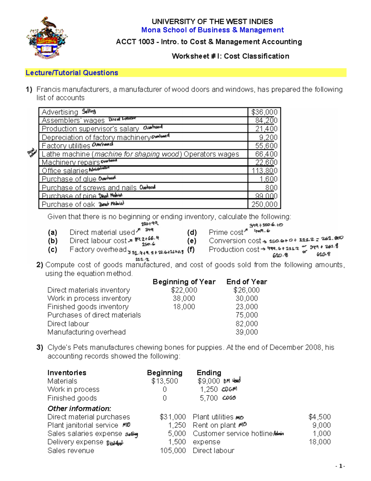 ACCT 1003 Cost Management Accounting Worksheet I: Cost Classifications ...