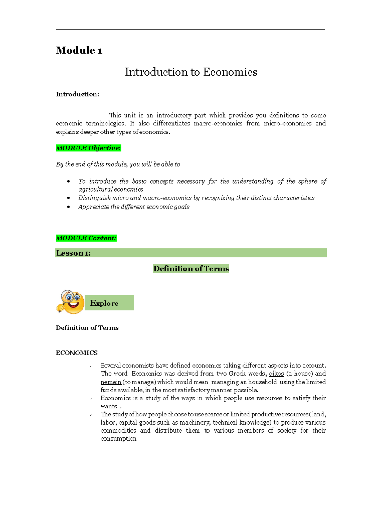 Module 1: Intro to Economics - Key Concepts & Definitions - Studocu