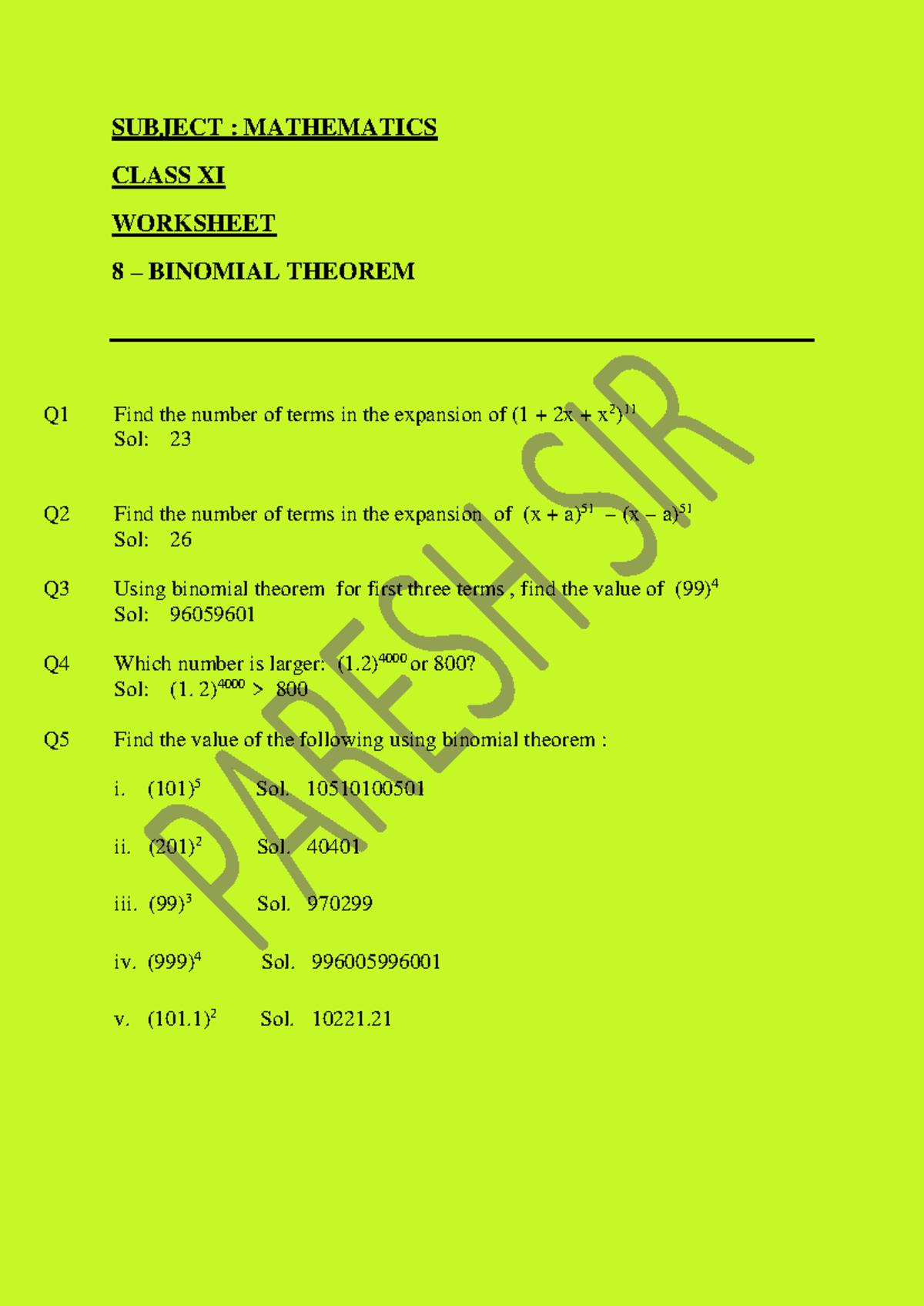 8 Xi Binomial Theorem Worksheet Solutions Studocu