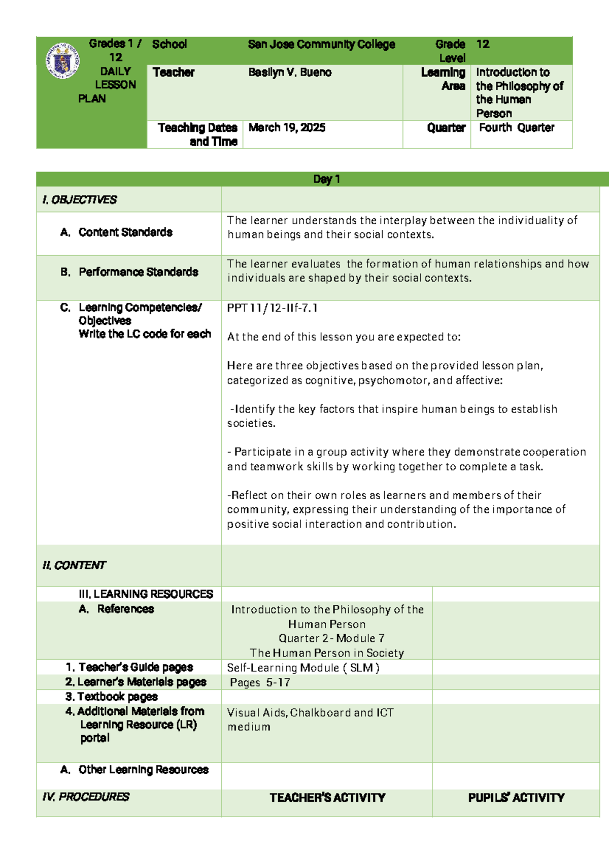Grades 1-12 Daily Lesson Plan: Module 7 - Human Person in Society - Studocu