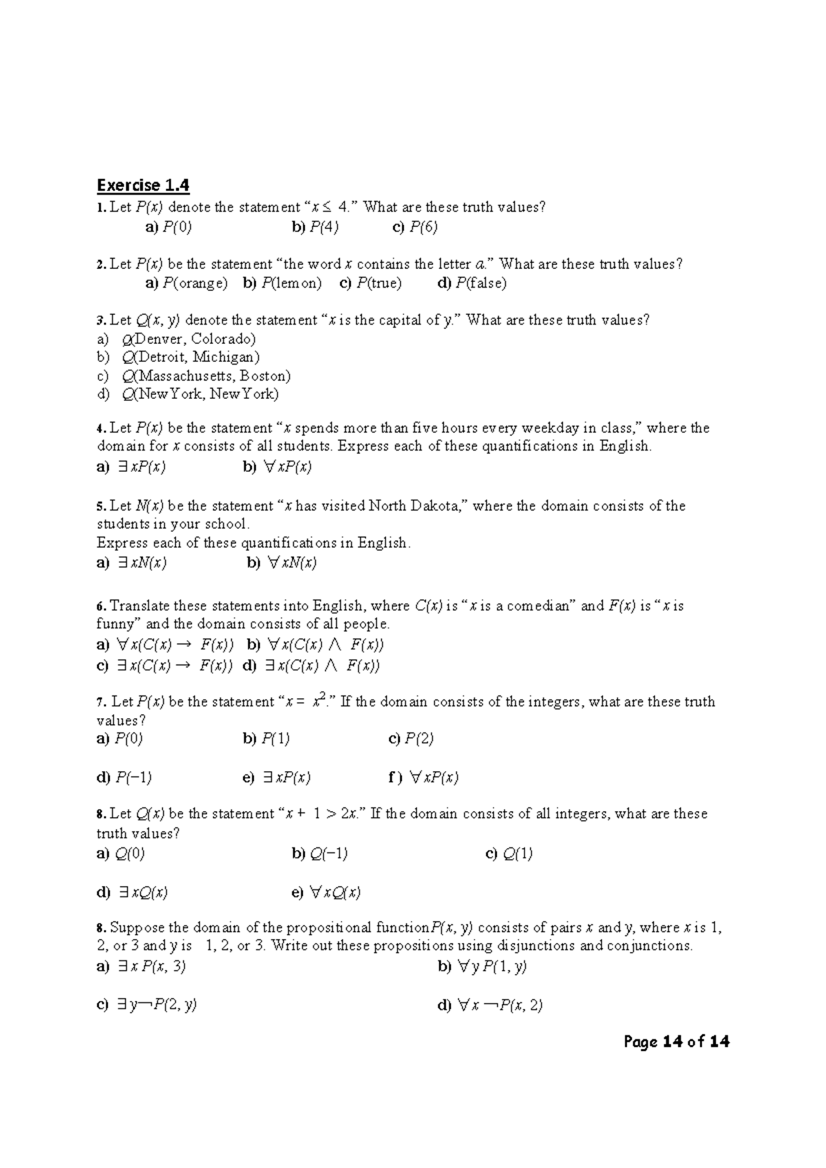 Tutorials on Quantifiers: Exercise 1.4 Truth Values Analysis - Studocu