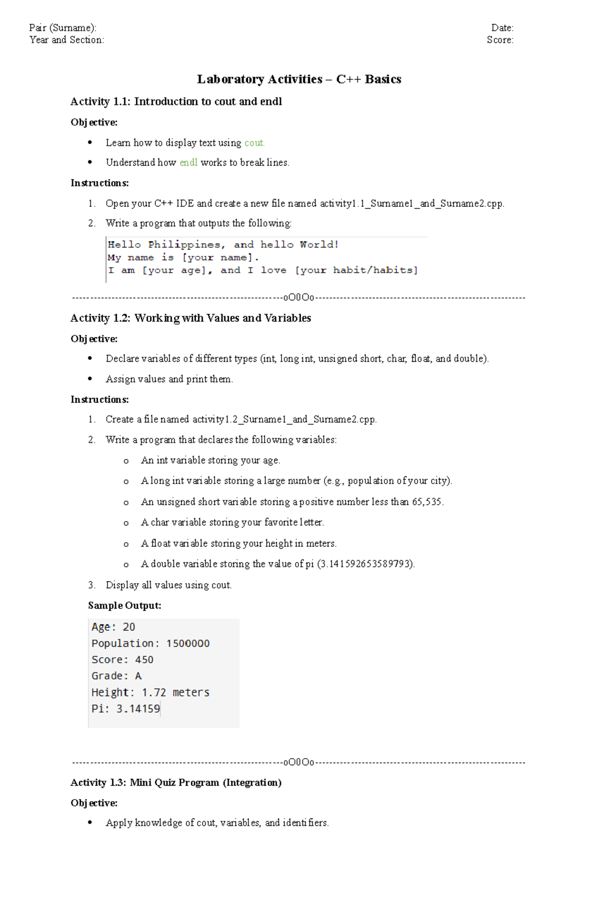C++ Basics (CS101): Mock Lab Activities and Mini Quiz Guide - Studocu