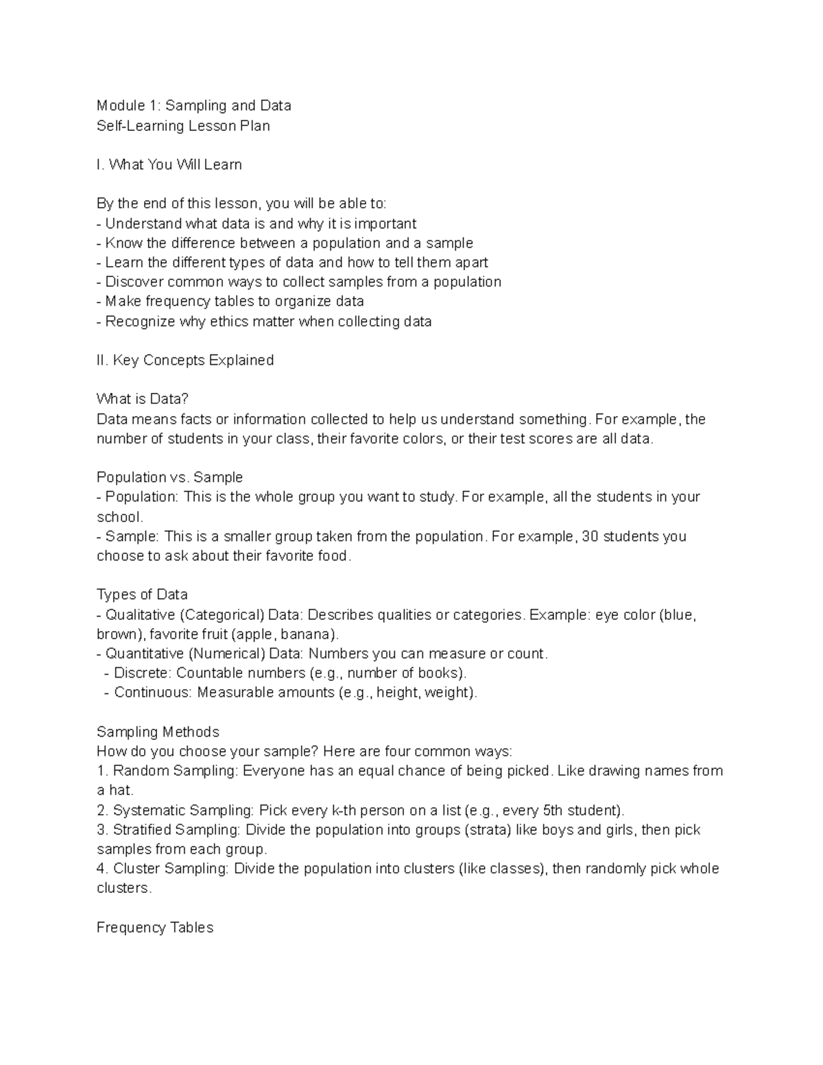 Module 1: Sampling and Data Lesson Plan Overview - Studocu