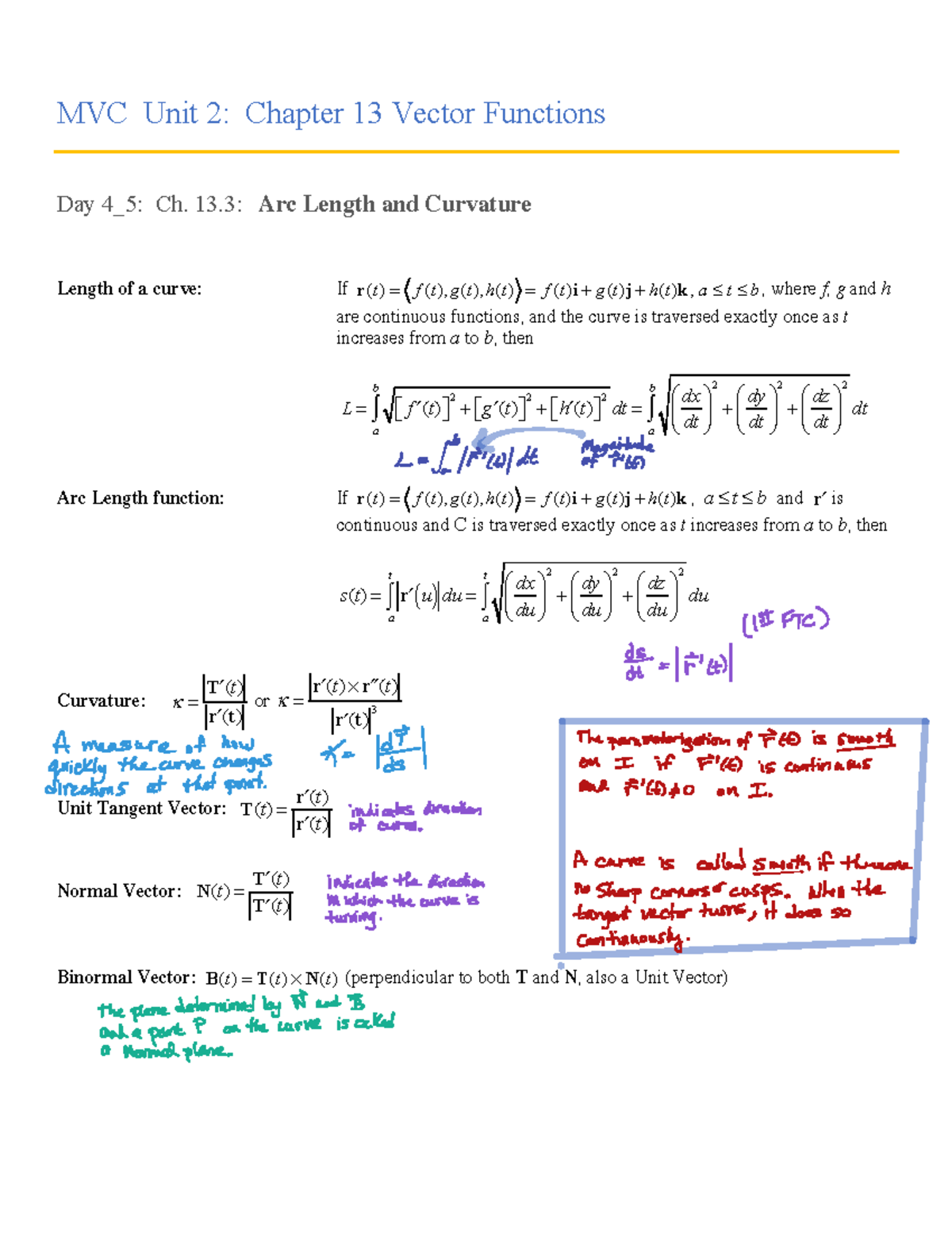 MVC Unit 2: Ch. 13 Vector Functions - Arc Length & Curvature Notes ...
