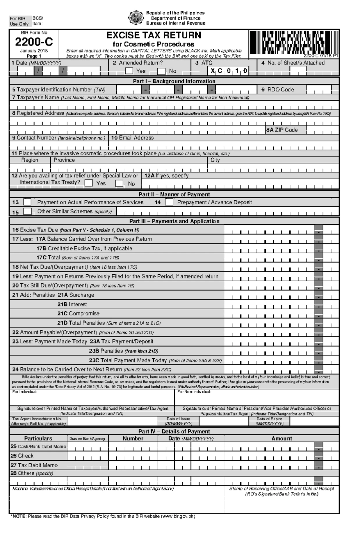 BIR Form No. EXCISE TAX RETURN for Mineral Products - Jan 2018 - Studocu