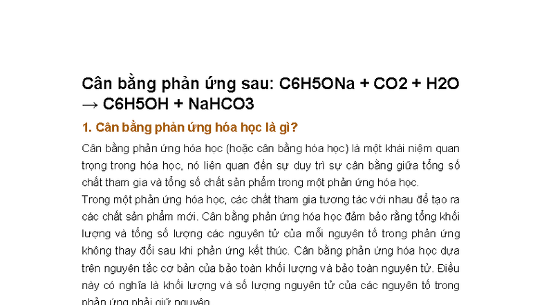 Cân Bằng Phản Ứng Hóa Học: C6H5ONa, CO2, H2O, C6H5OH, NaHCO3 - Studocu