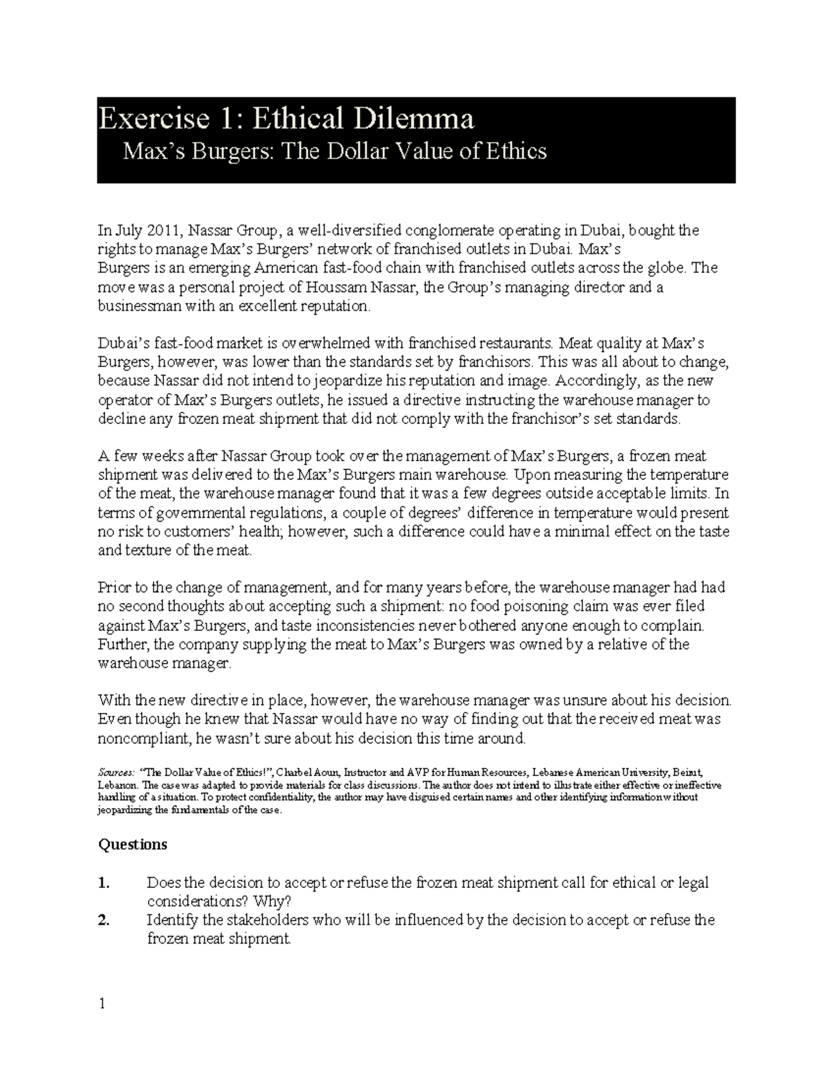 Exercise Chapter 5: Ethical Dilemmas in Food Management Decisions - Studocu