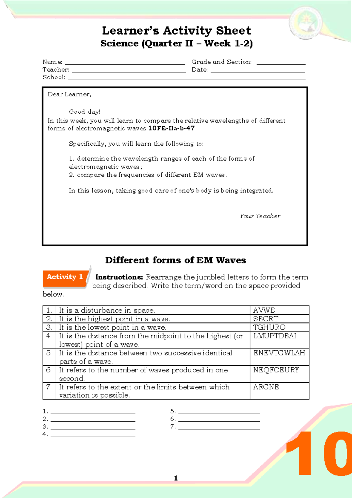 Activity Sheet: Different Forms of EM Waves (Grade 10, Quarter II ...