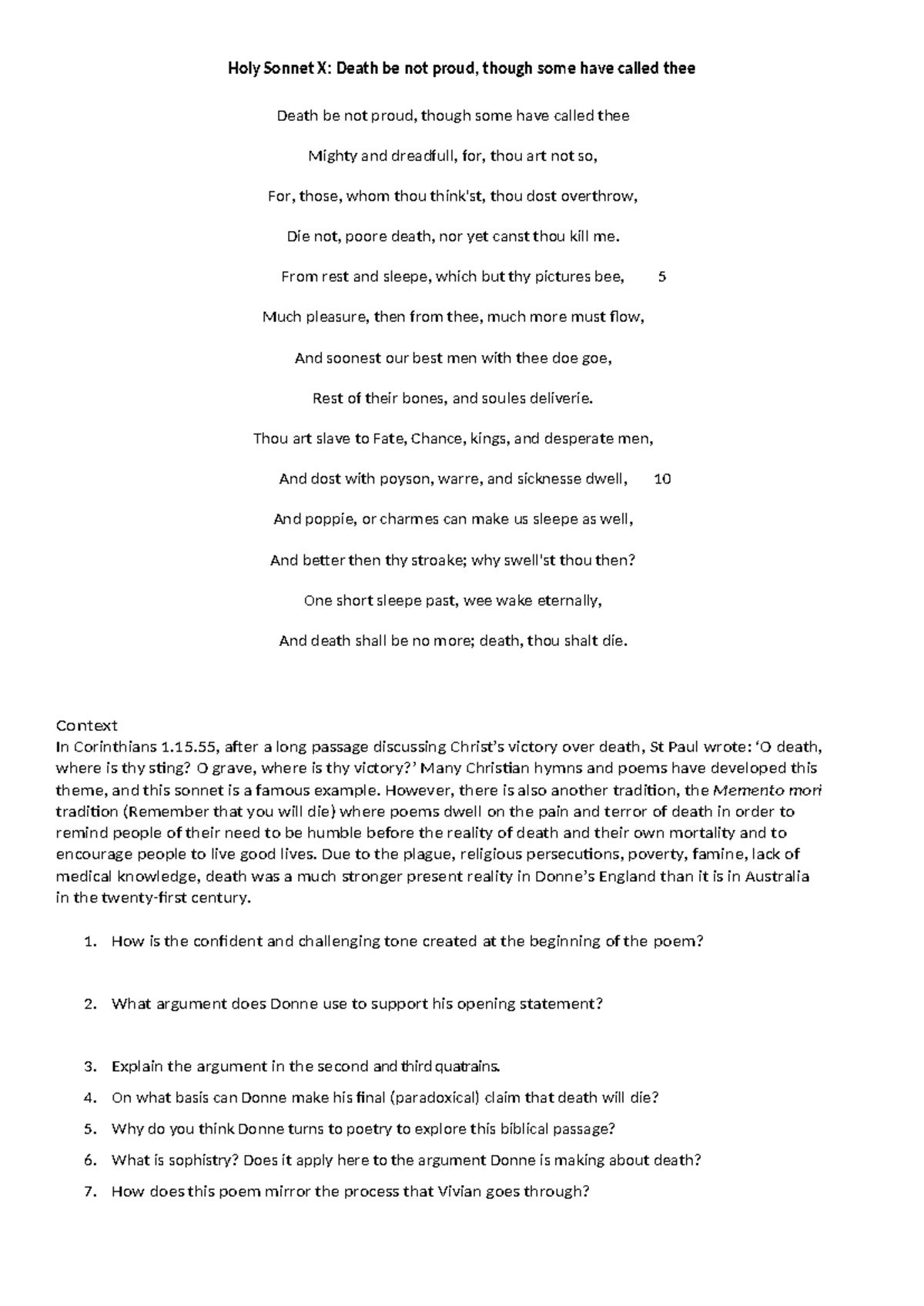 2025 Holy Sonnet X: Death Be Not Proud - Analysis & Discussion - Studocu