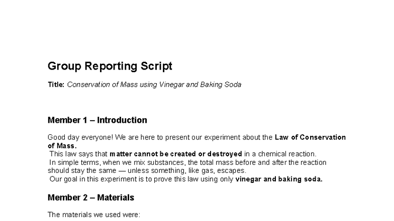 Group Reporting Script: Conservation of Mass Experiment - Studocu