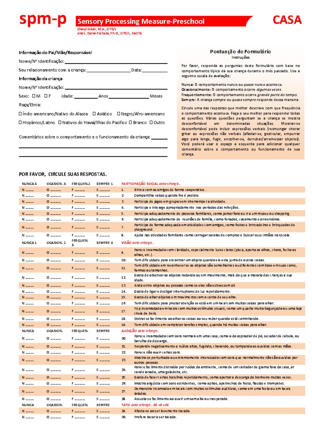 Questionário SPM-P Sensory Processing Measure - CASA - Studocu