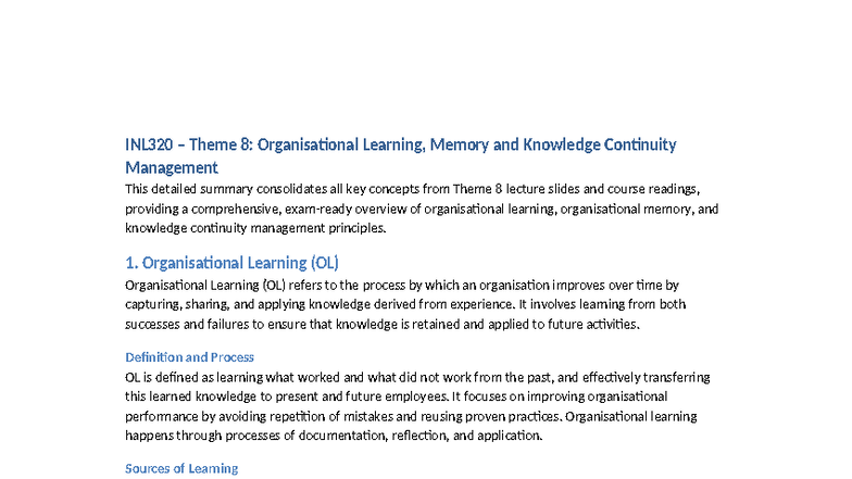 INL320 Theme 8: Summary of Organisational Learning & Knowledge Management - Studocu