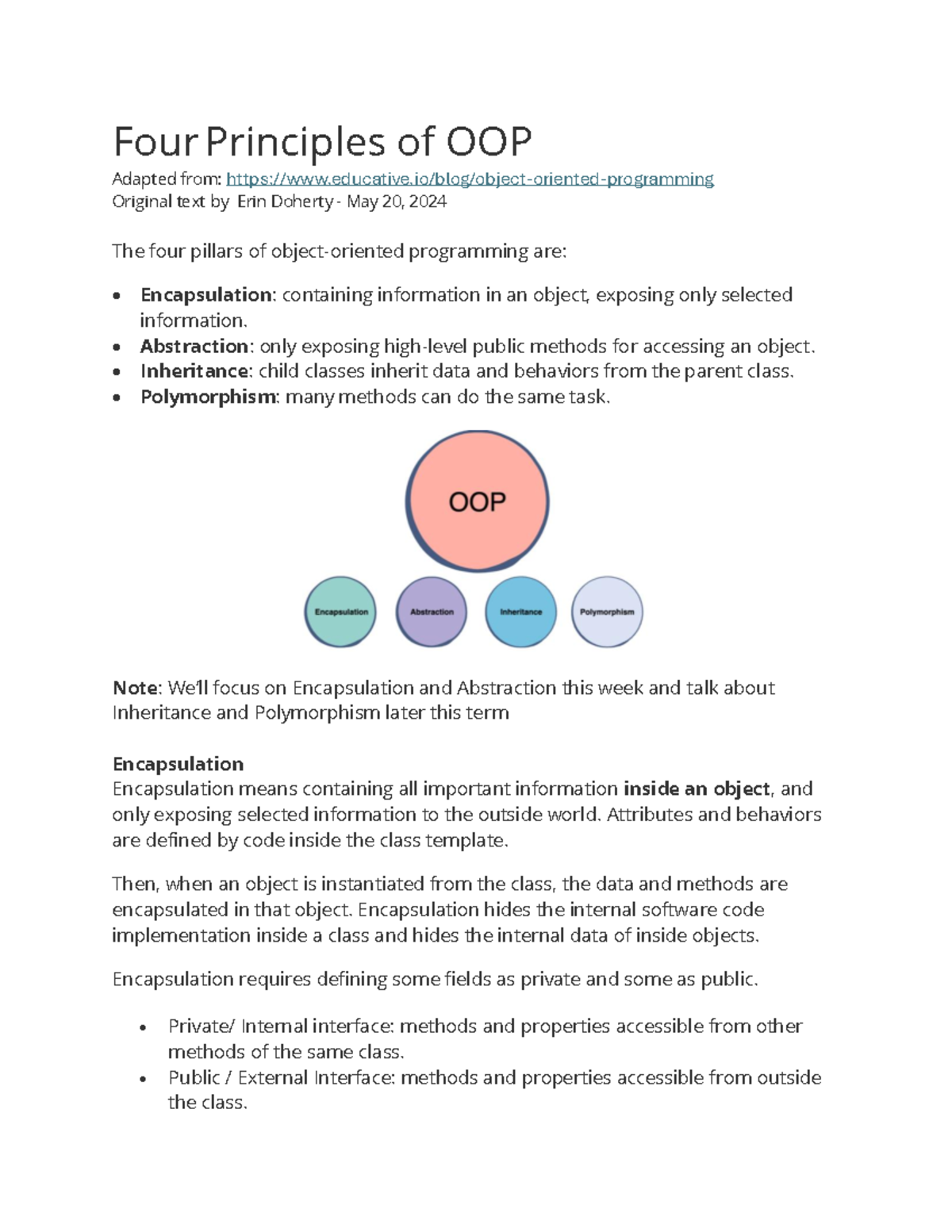2A Four Principles of OOP - Four Principles of OOP Adapted from: - Studocu