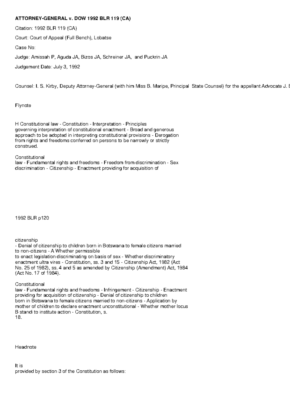 Unity DOW CASE - Law case - ATTORNEY-GENERAL v. DOW 1992 BLR 119 (CA ...