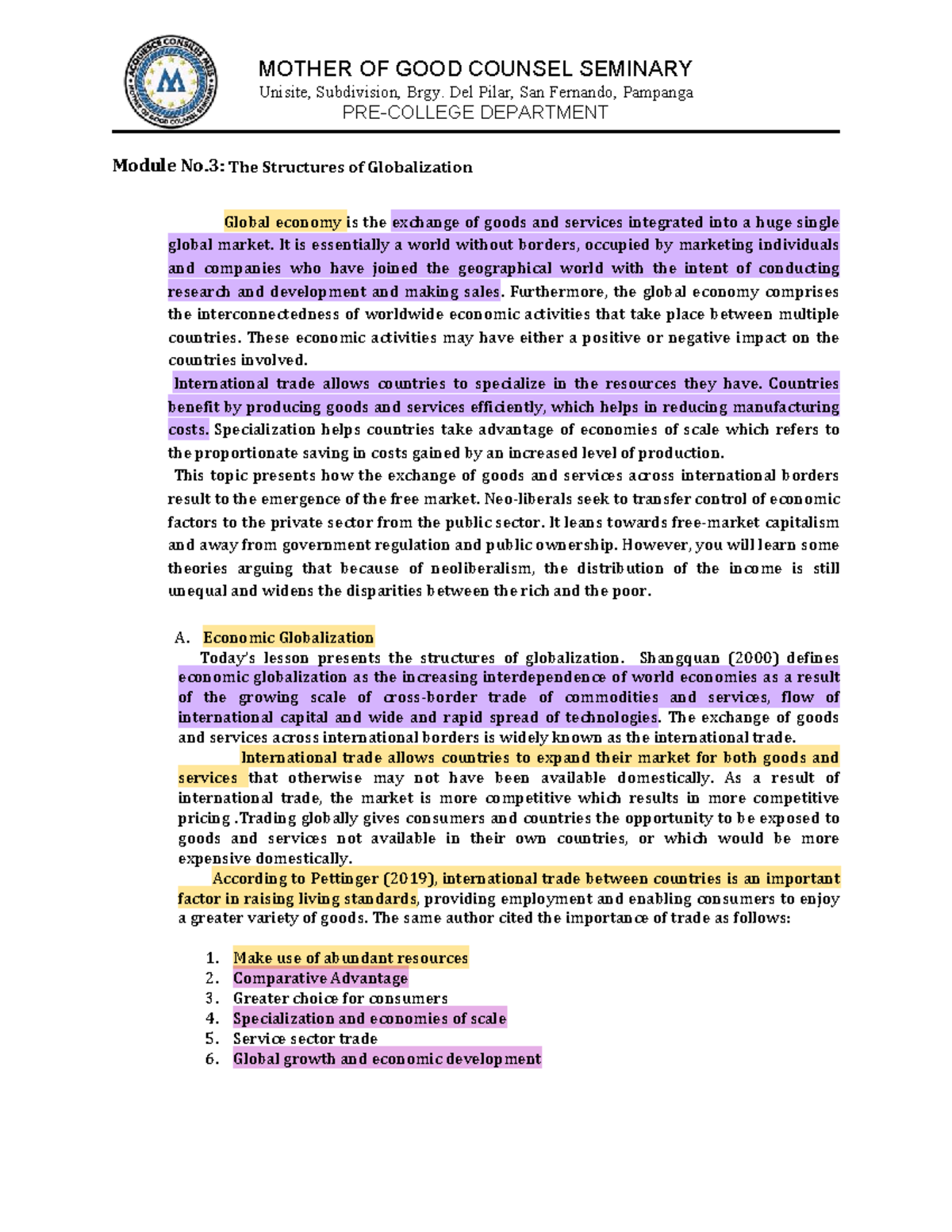 CW- Lesson 3: Structures of Globalization and Economic Impact - Studocu