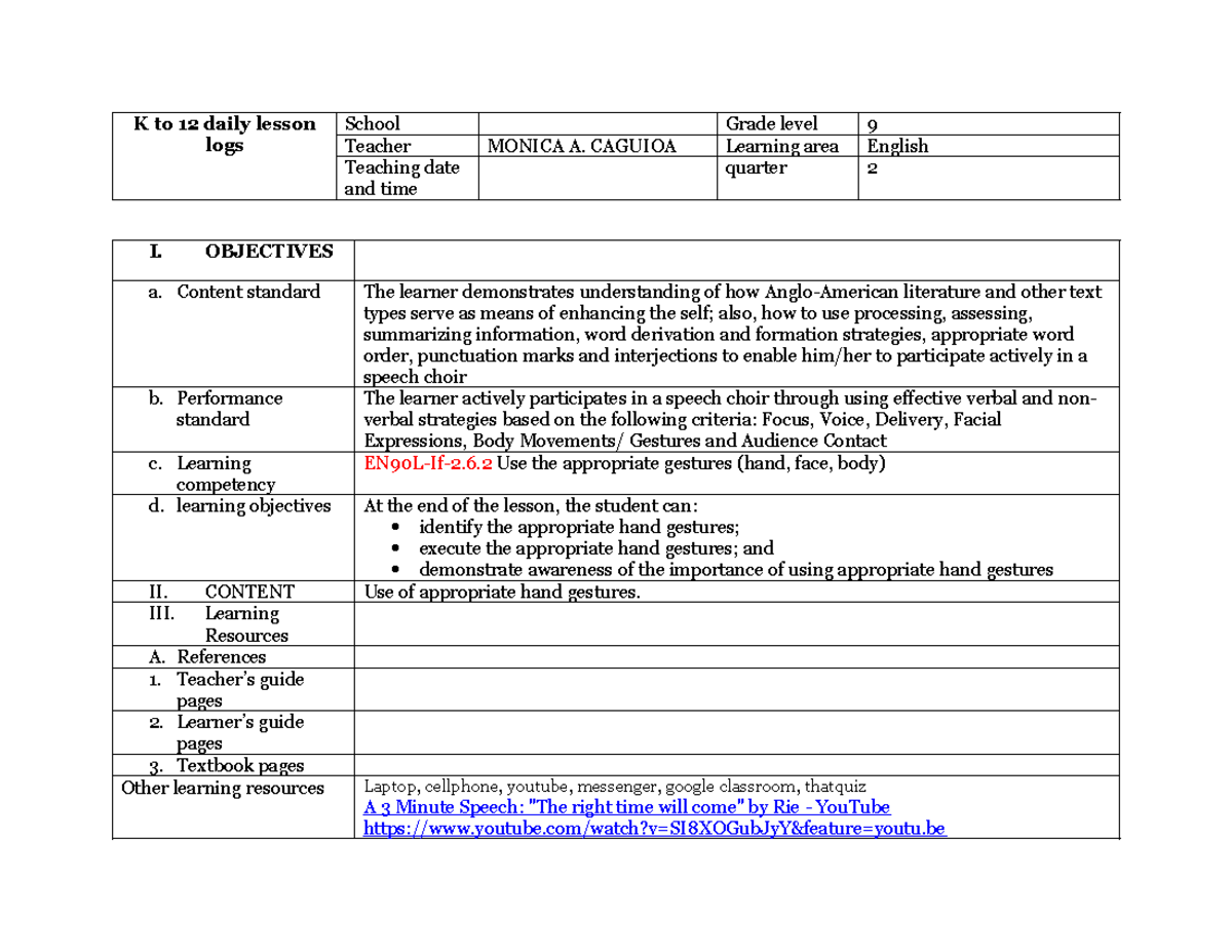 Detailed Lesson Plan for Grade 9 in ALD102: Exploring Hand Gestures ...