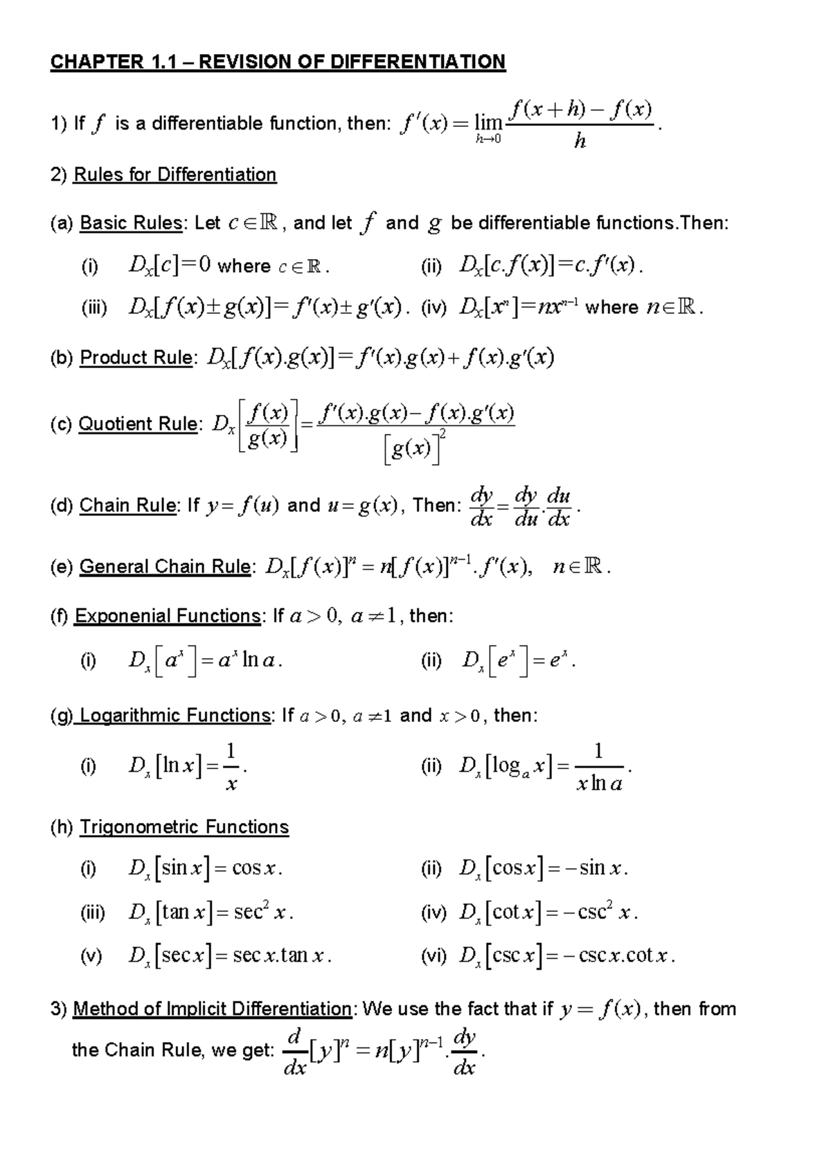 MATH101 CHAPTER 1.1 REVISION ON DIFFERENTIATION RULES - Studocu