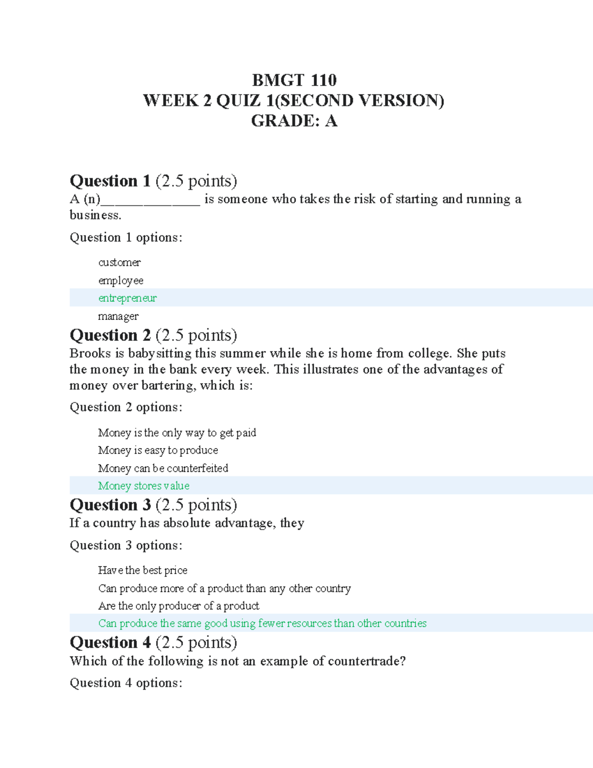 BMGT 110 WEEK 2 QUIZ 1 - SECOND VERSION (GRADE: A) - Studocu