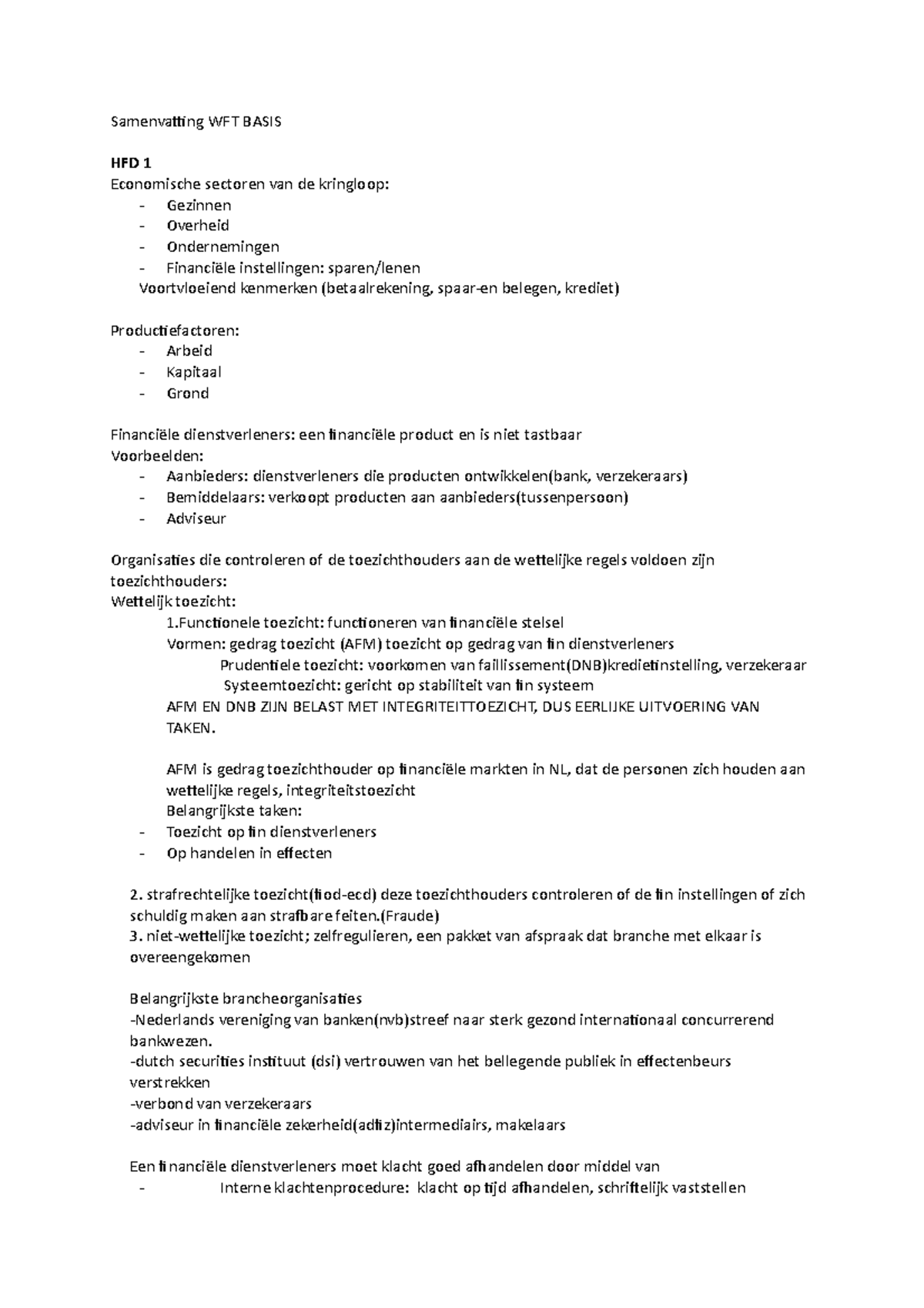 Samenvatting WFT Basis tot Hoofdstuk 6: Financieel Toezicht en ...