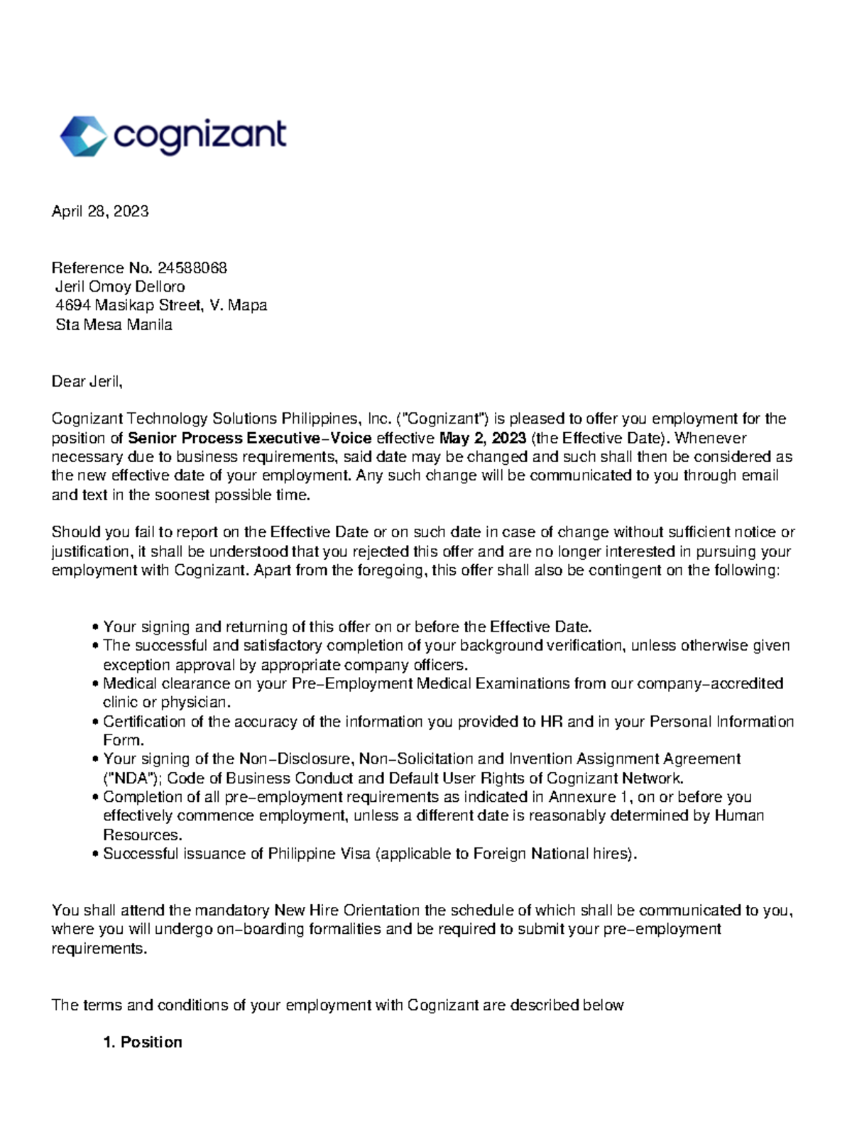 Cognizant Offer Letter for Senior Process Executive Position - Studocu