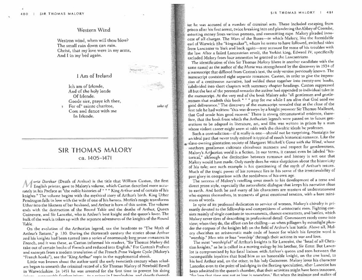 480 SIR THOMAS MALORY: Morte Darthur Analysis and Insights - Studocu