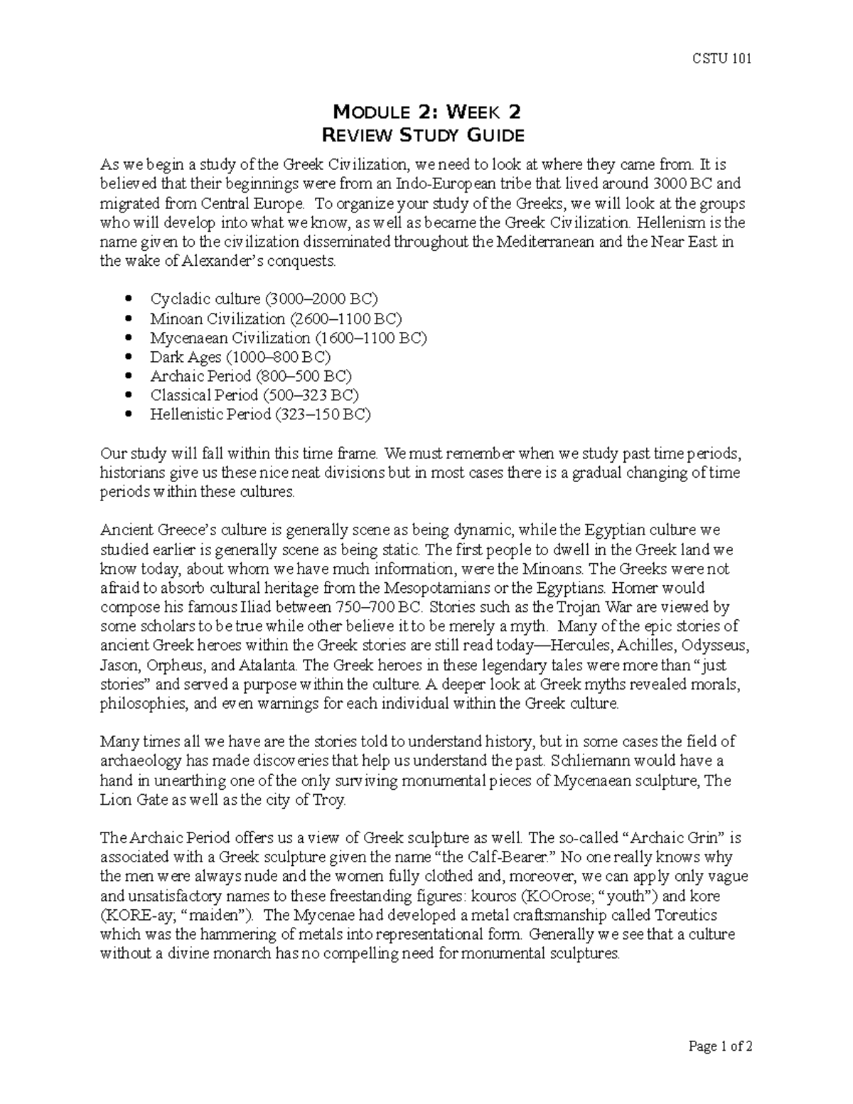 CSTU 101 Module 2 Week 2 Study Guide: Greek Civilization Insights - Studocu