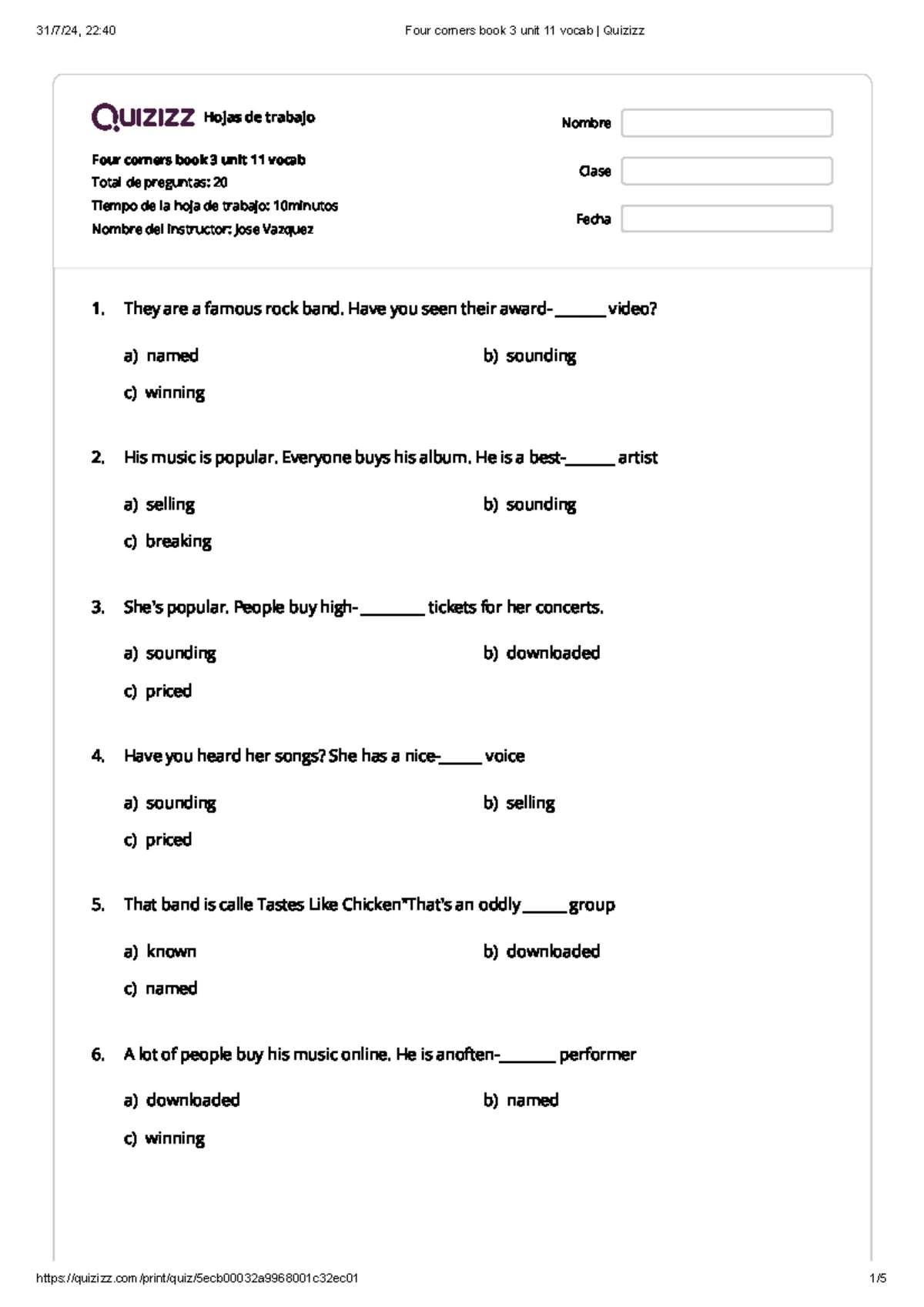 Four Corners 3, Unit 7 Quiz Quizizz - Hojas de trabajo Four Corners 3 ...