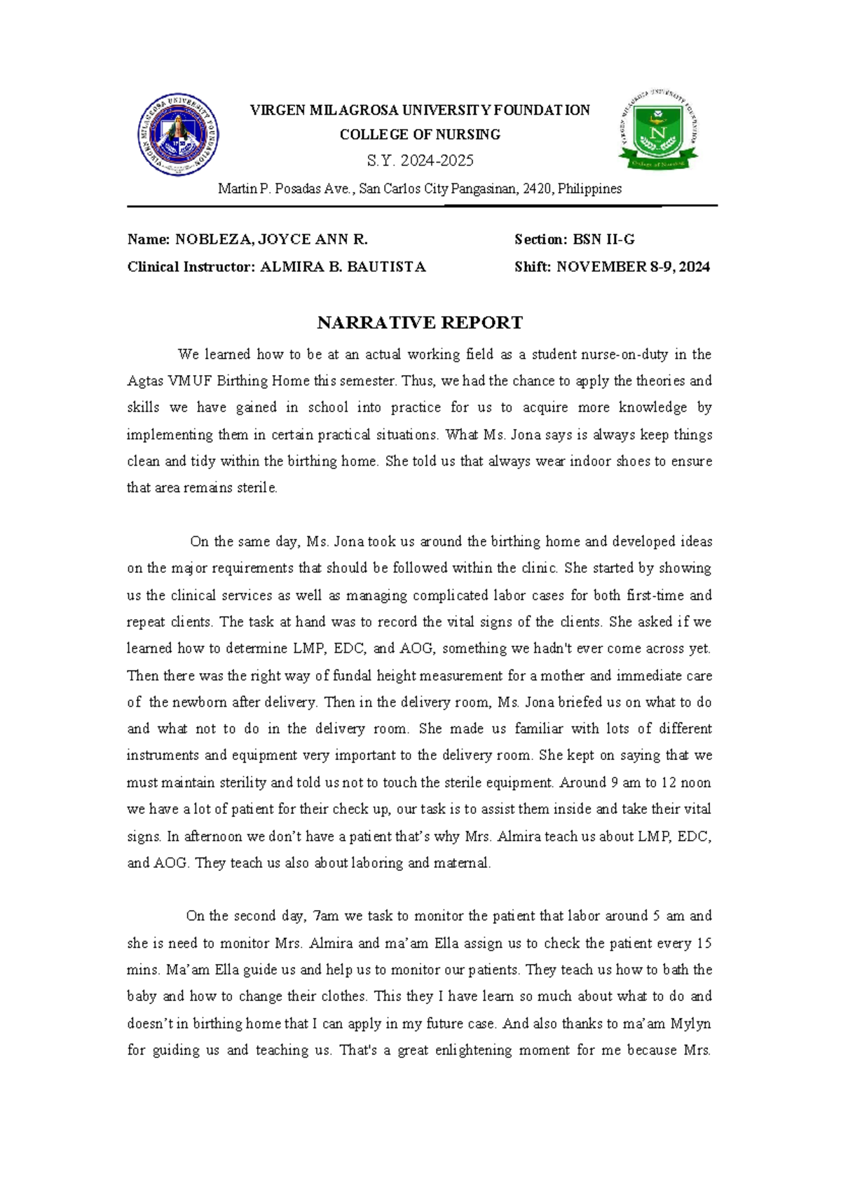 Narrative Report on Clinical Practicum - Nursing BSN II-G S.2024 - Studocu