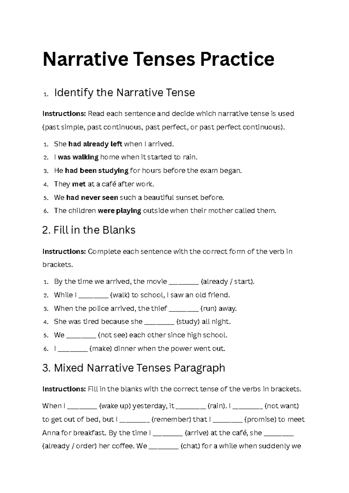 Narrative Tenses Practice: Exercises & Instructions - Studocu