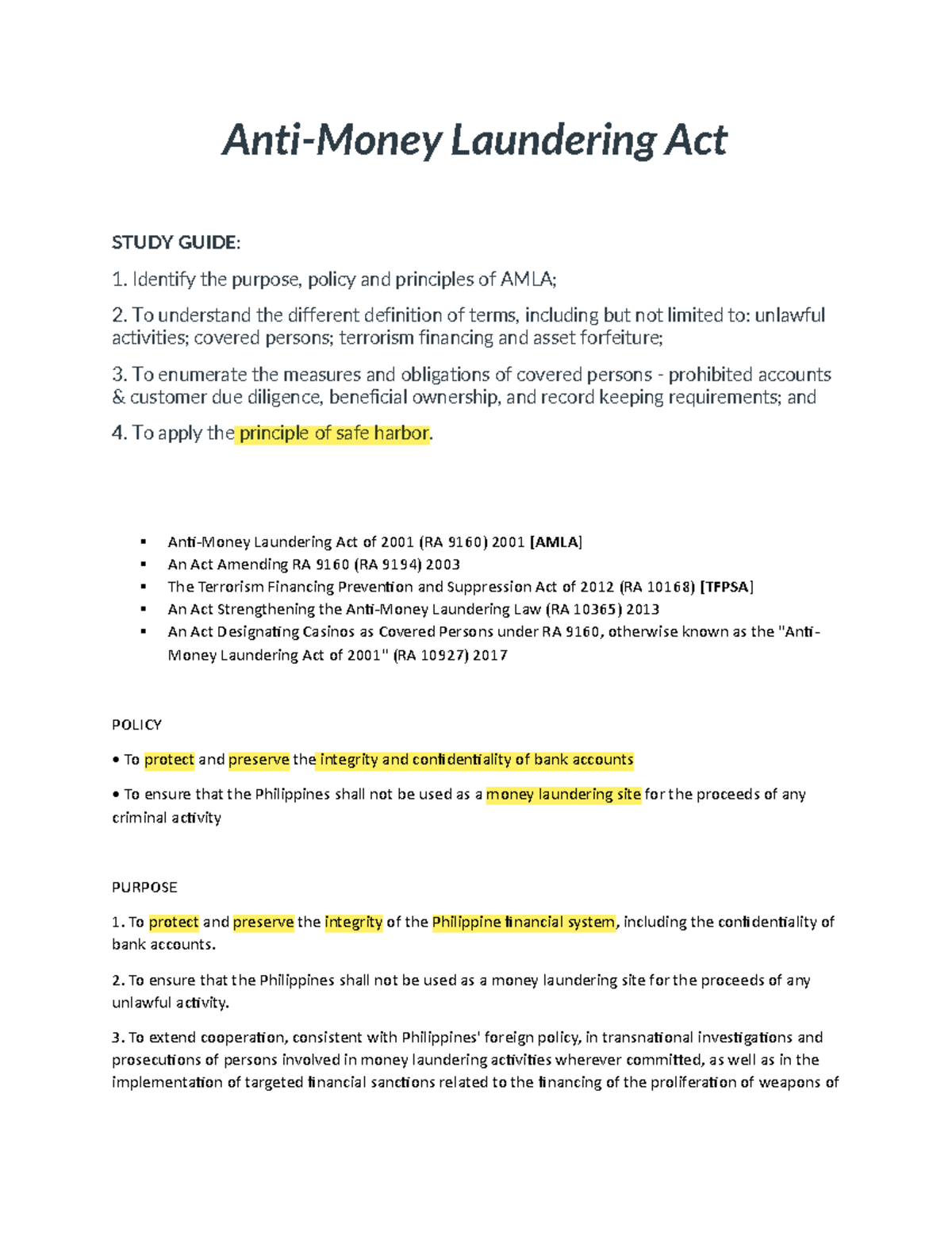 Anti-money laundering act - Anti-Money Laundering Act STUDY GUIDE: 1 ...