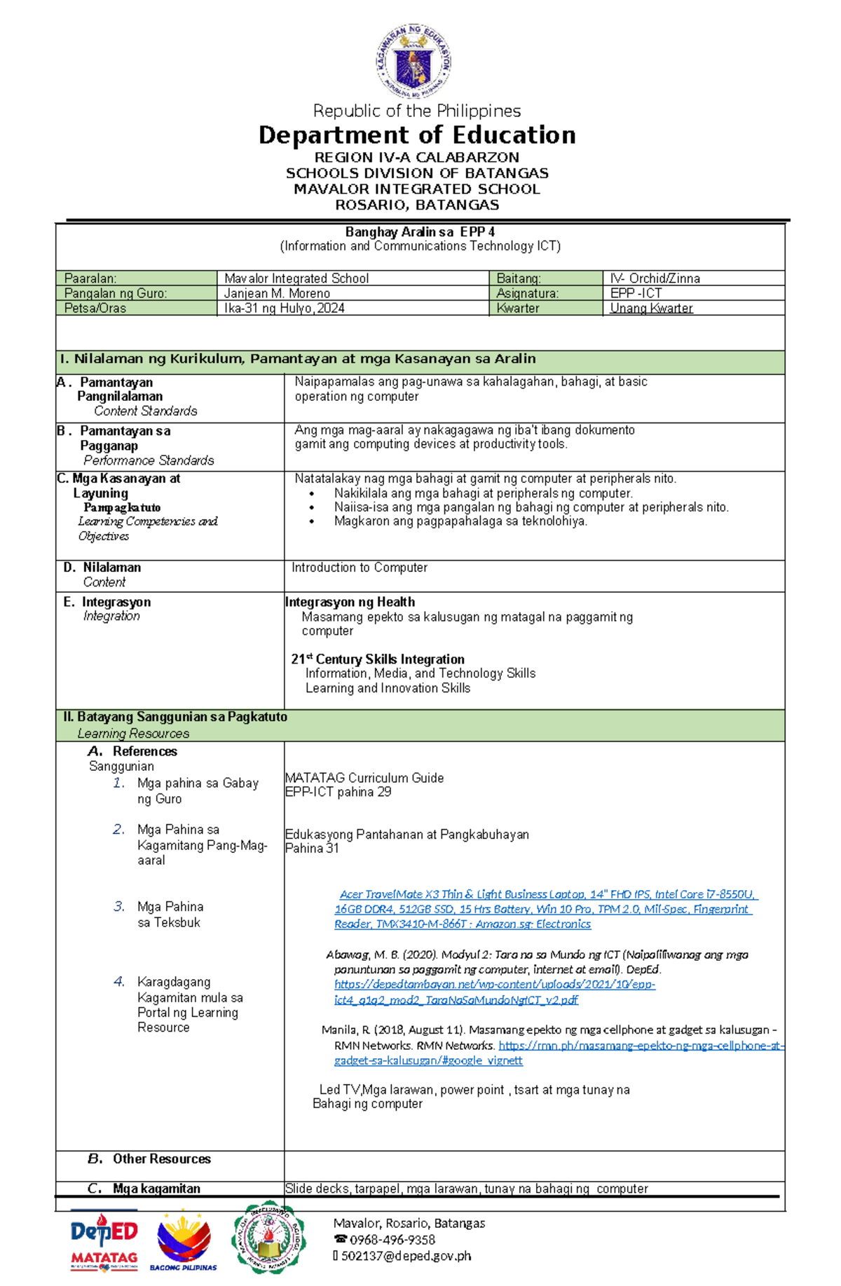 EPP-ICT Lesson Plan: Matatag LC#2 on Computer Basics - Studocu