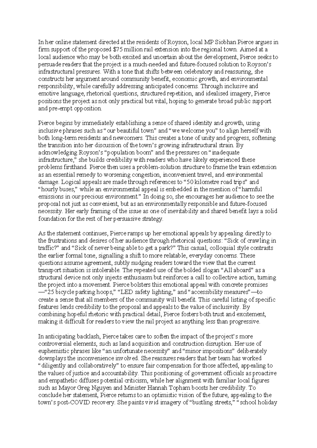 AAHW - Siobhan Pierce's Persuasive Statement on Rail Extension Project ...